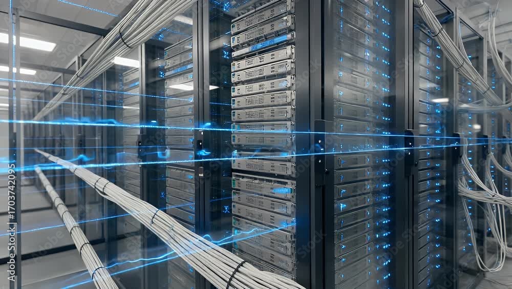 digital information traverses fiber optic pathways across network ...