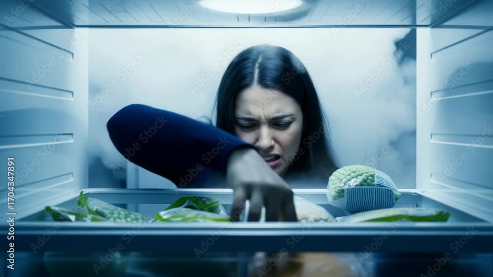 Woman searches for spoiled food with unpleasant odor in refrigerator ...