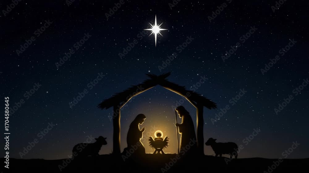 Nativity scene with glowing baby Jesus under starry sky, holy family ...