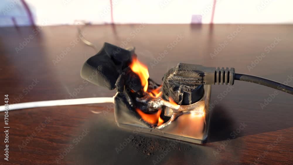Electrical Short Circuit. Burning socket. Outlets, plug in fire. Short ...