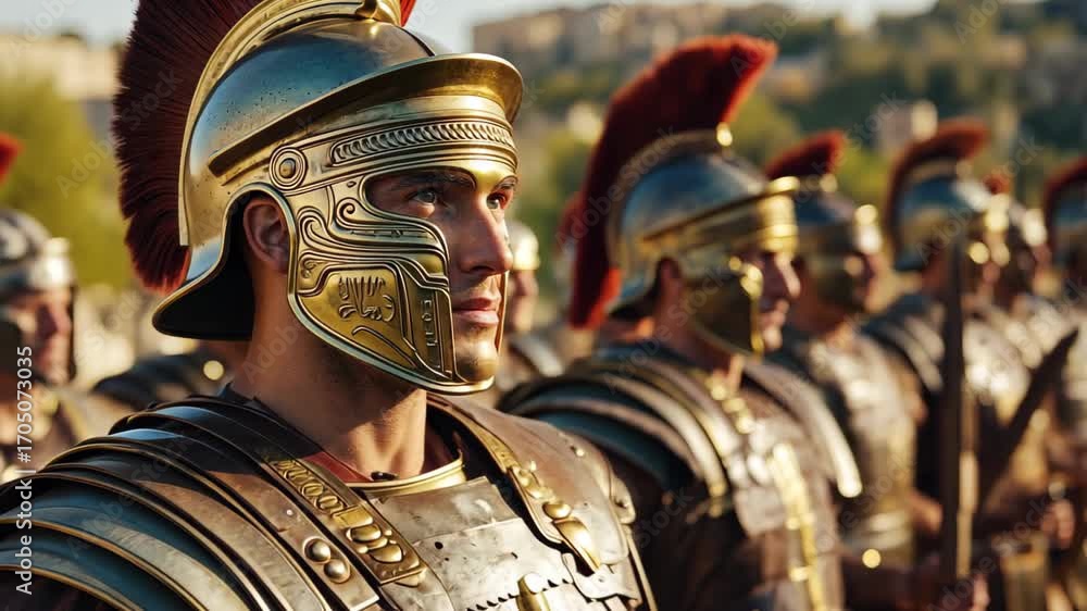 Elite Roman centurion legionnaires in ceremonial golden armor formation ...