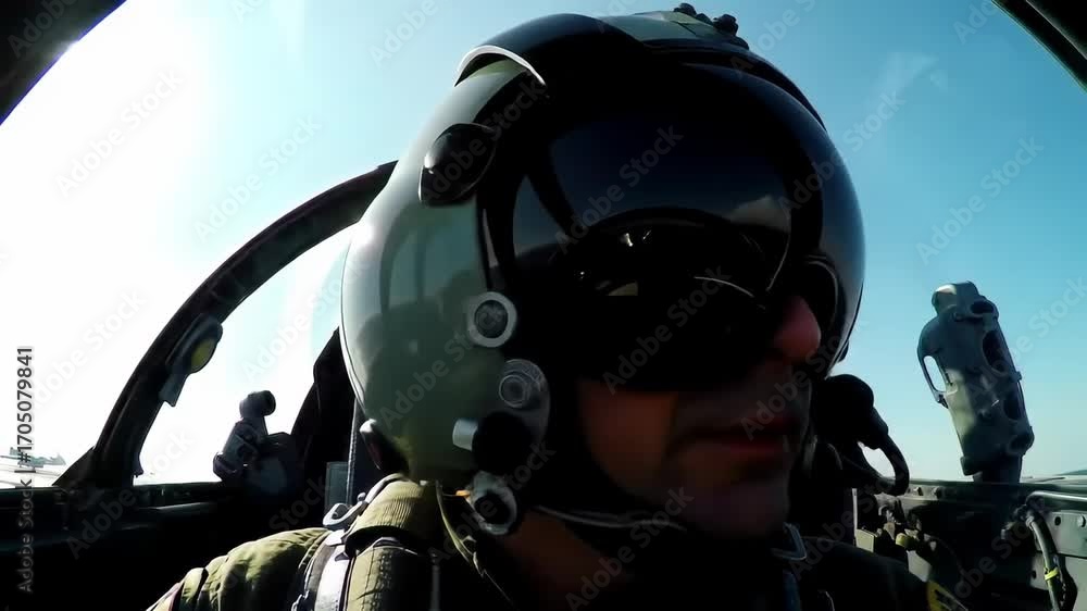 Courageous military aviator in a high-tech helmet looks on from the ...