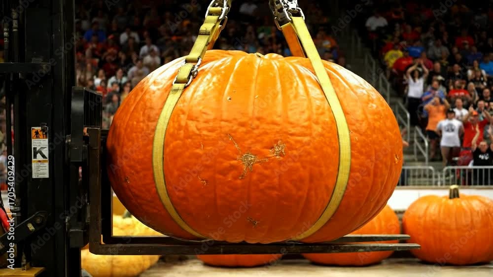 A giant prize-winning pumpkin is carefully lifted by a forklift using ...