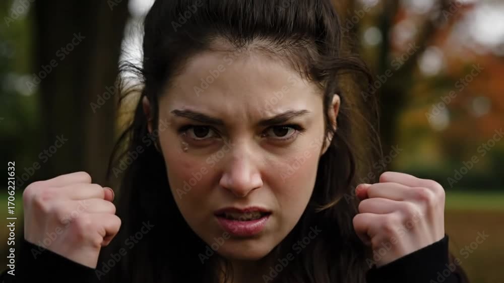 Close-up of an angry young woman with tearful eyes and clenched fists ...