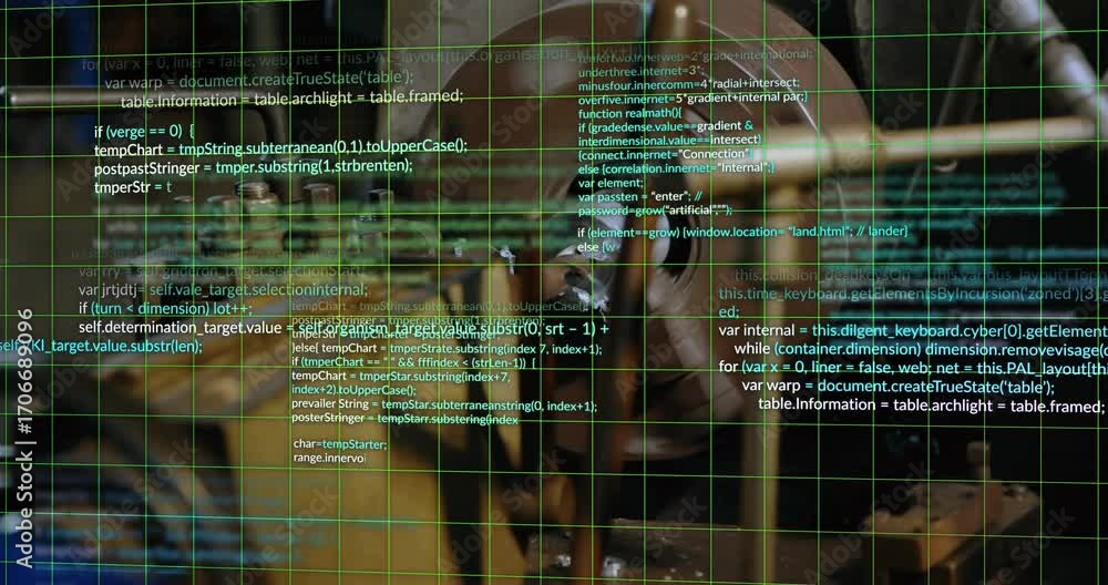 Lathe chuck spinning workpiece grid overlay appearing code scrolling visualizing machining data ...