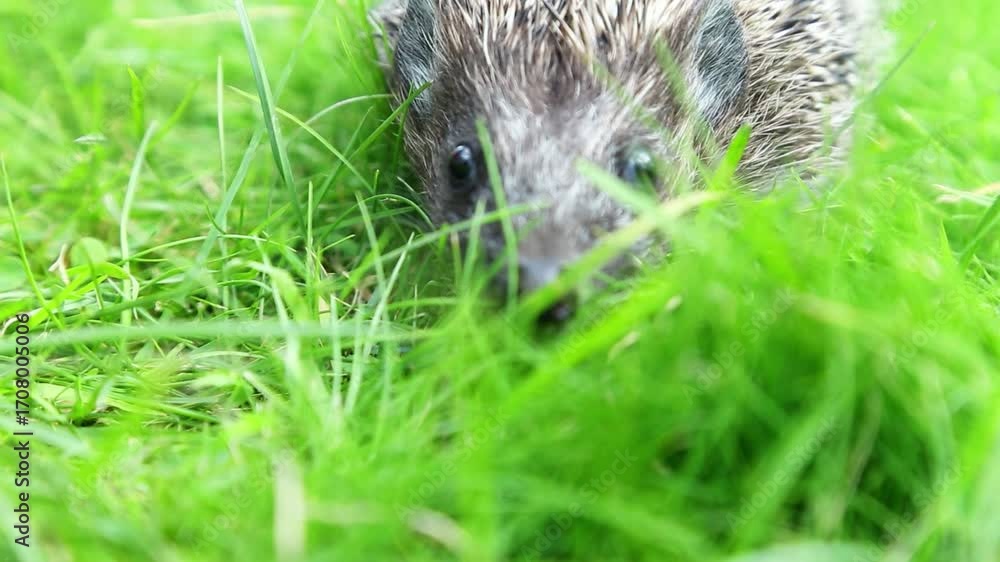 The hedgehog moves forward in the tall grass, its released visible ...