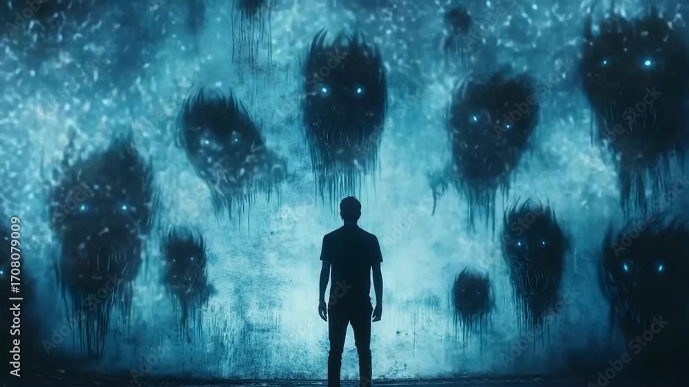 A mysterious male figure stands facing eerie unsettling shadows cast ...