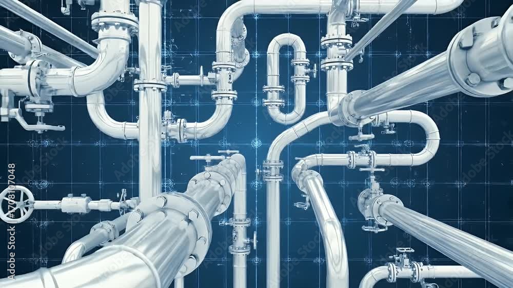 Metal Piping System Structure with Blue Background and Engineering ...
