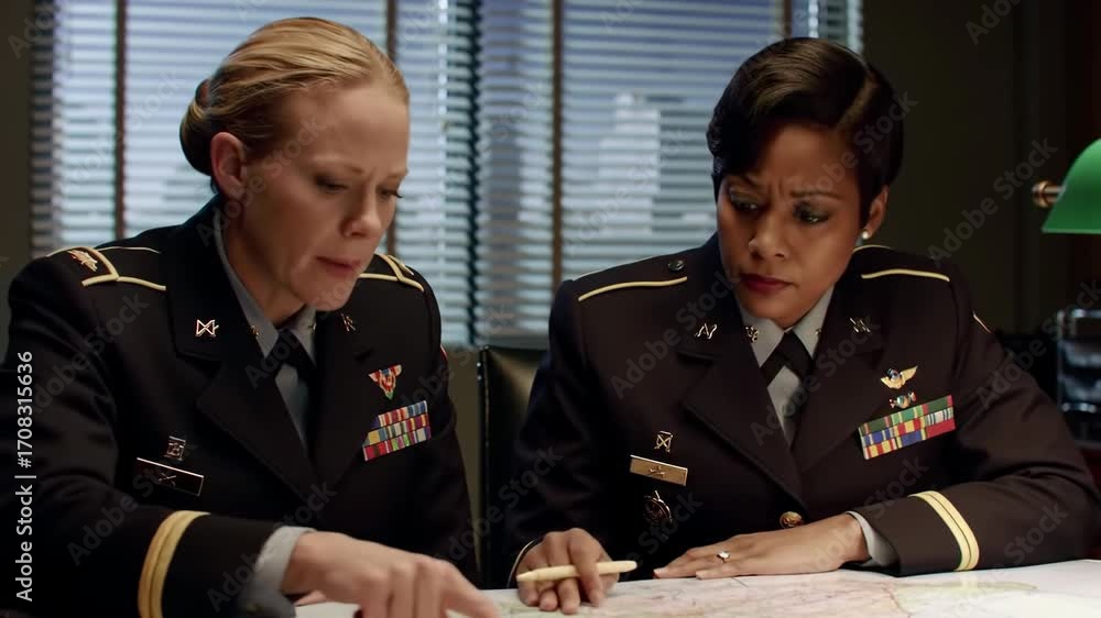 two diverse female us army officers in uniform planning military ...