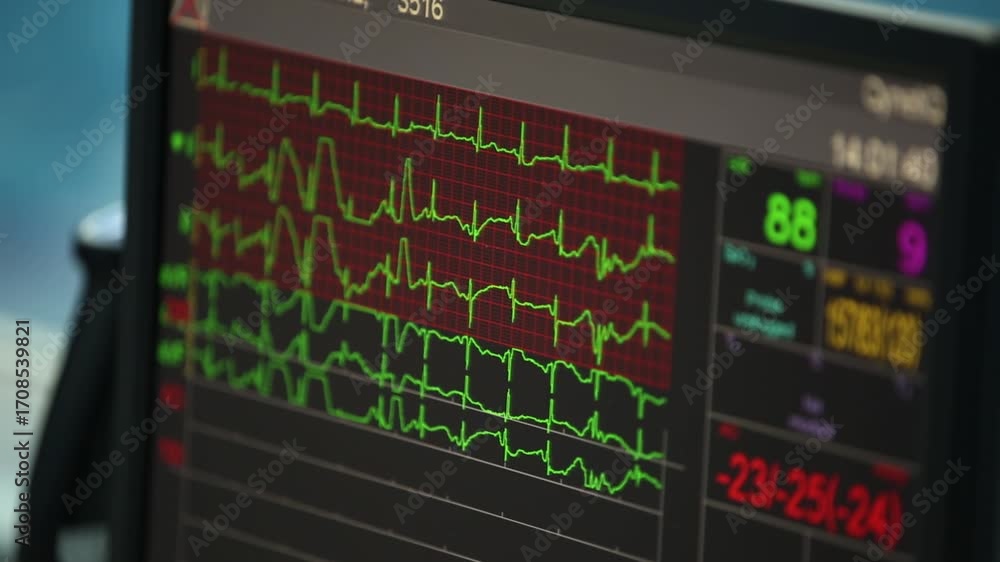 A close-up shot of a modern medical patient monitor displaying vital ...