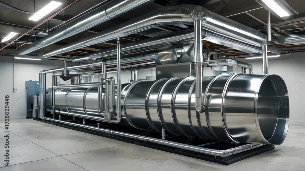 video of Stainless steel ducts form a modern HVAC system, with sleek ...