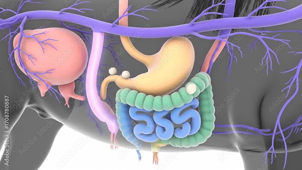 Detailed 3D animation of horse digestive system internal organs ...