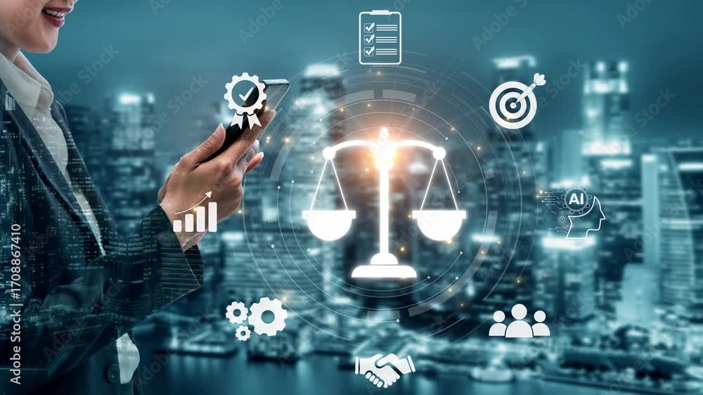 Futuristic digital law interface displaying justice scale, highlighting ...