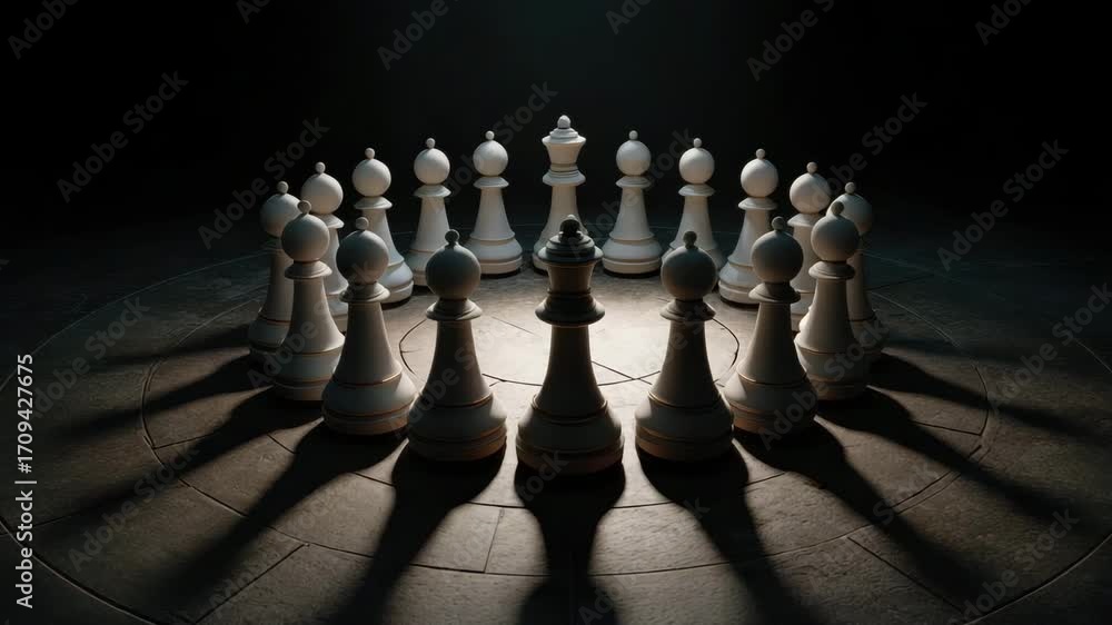 Chess piece circle featuring white chess piece king and pawn on dark ...