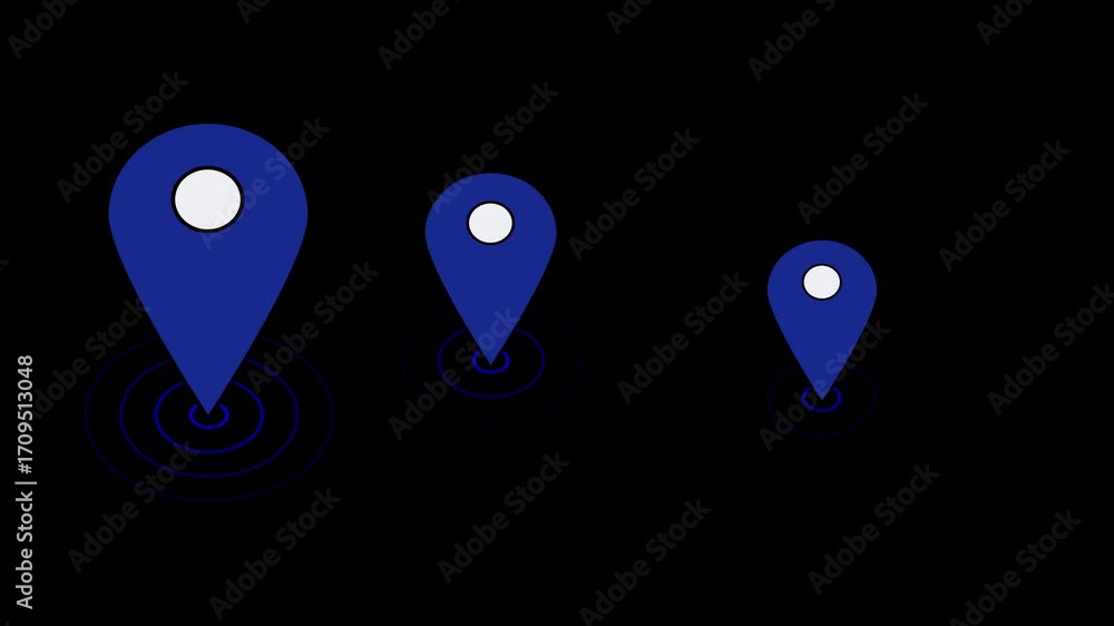 Blue gps location pins animation growing shrinking map markers dark ...