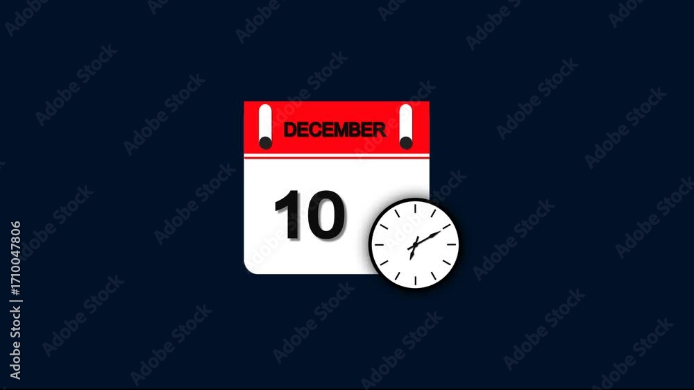 December month 10 date calendar icon animation with clock on ...