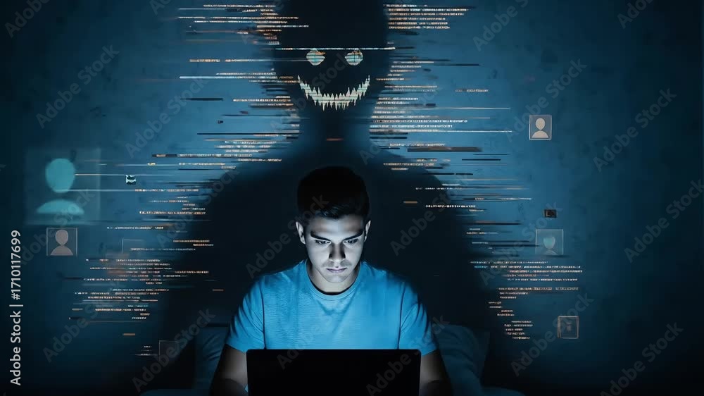 Hacker coding on a laptop in the dark as his shadow forms a scary monster, a cybersecurity ...