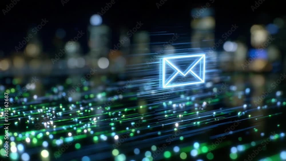 A glowing email icon emits blue and green light amidst encrypted data ...