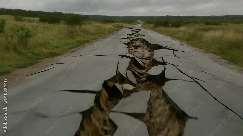 Damaged rural asphalt road with massive cracks and broken pavement ...