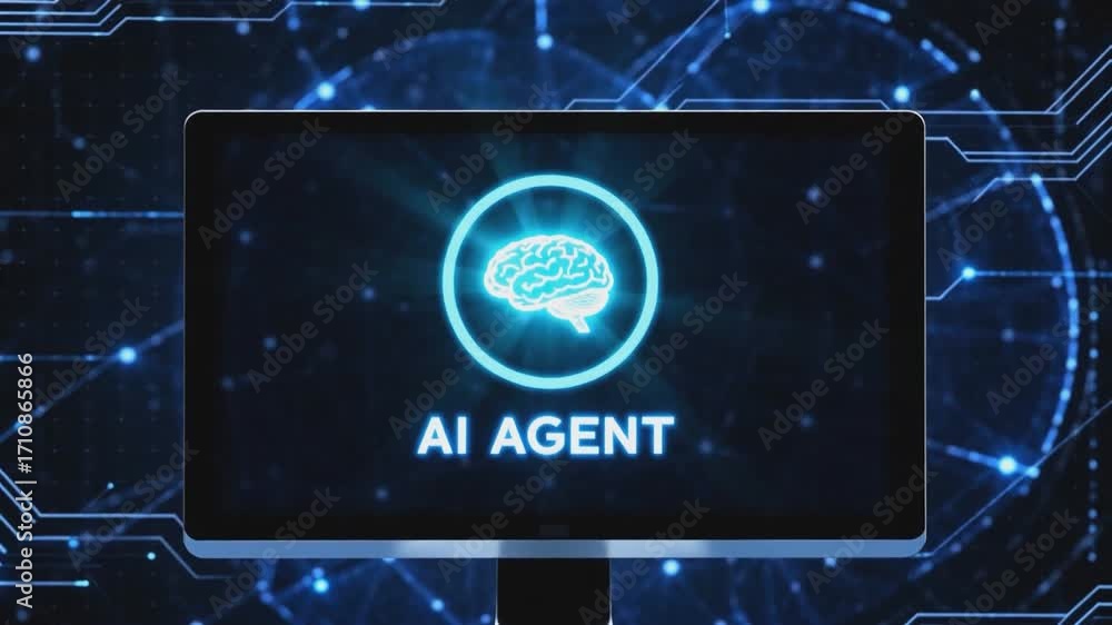 Computer screen displaying glowing AI Agent icon with brain symbol on ...