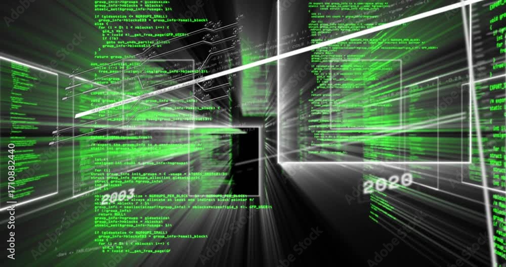 Camera moving forward streaming green code floating panels sliding ...