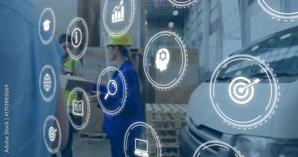 Coordinator writing summoning digital icons by van, handler scanning ...