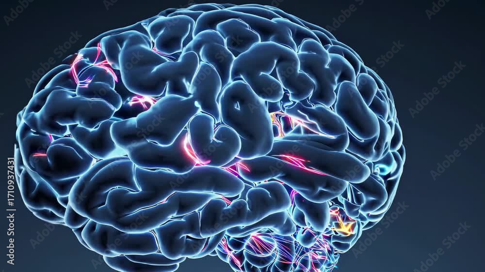Illustration depicting a spinning human brain with electrical signals ...