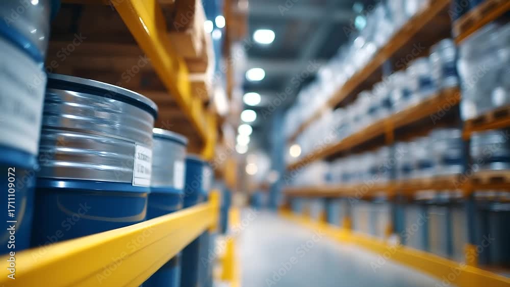 Massive chemical storage warehouse with rows of labeled hazmat ...