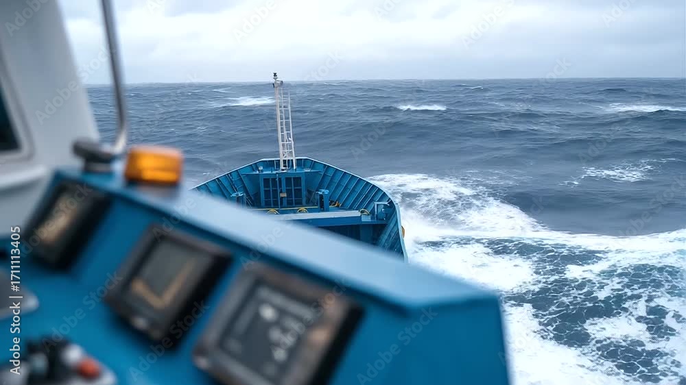 Container ship navigating through massive storm swells with cargo ...