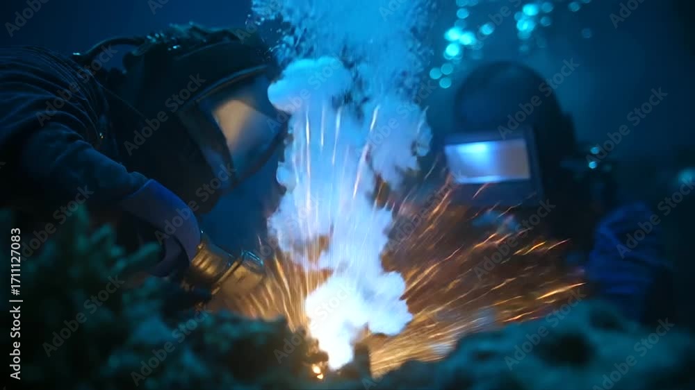 Underwater welding operation with sparks illuminating dark ocean depths ...