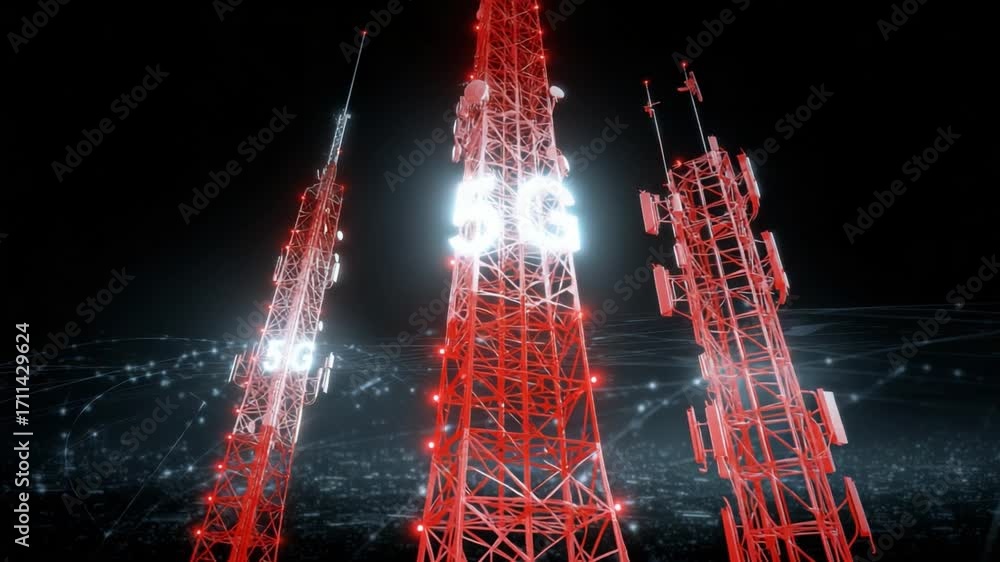 5G Communication Tower in Night: Illuminated communication towers ...