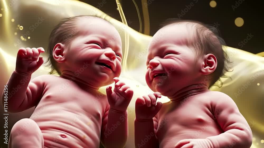 twins floating together in the womb, hands brushing in synchronized ...