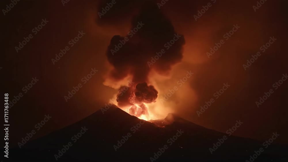 Volcano erupting spewing lava and ash into the night sky, a powerful ...
