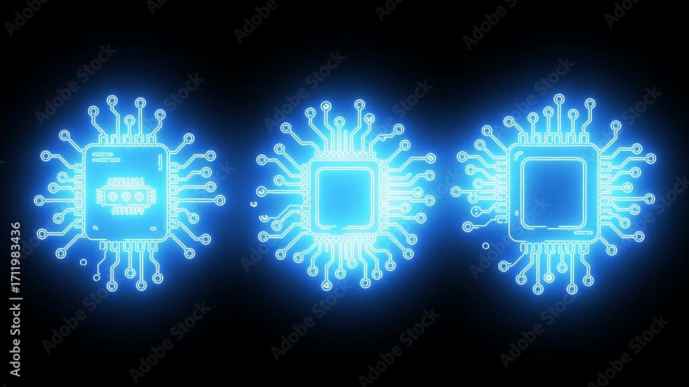 Collection of futuristic neon blue computer processor chip icons ...