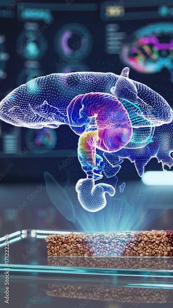 Hologram of brain and intestines rotating above petri dish with soil ...