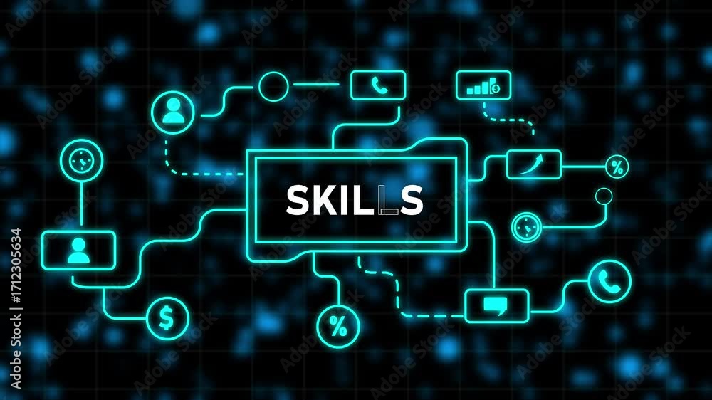 Neon Skills Flowchart Diagram with Icons and Connections on Dark Grid ...