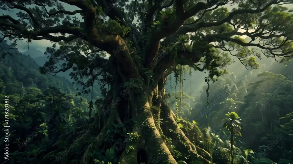 Video „An ancient, colossal tree with sprawling branches stands as the ...
