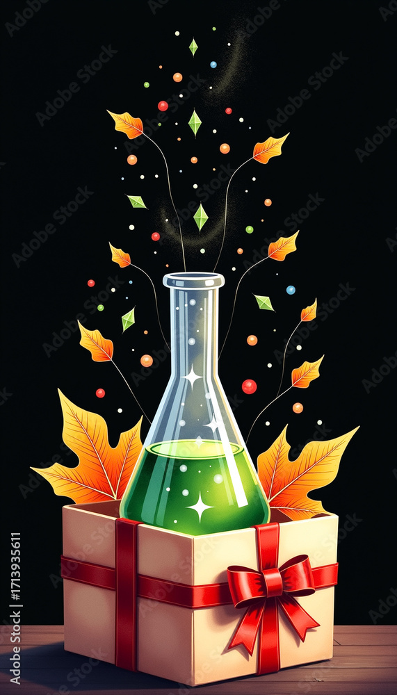 Laboratory flask with green solution in gift box, biotechnology ...