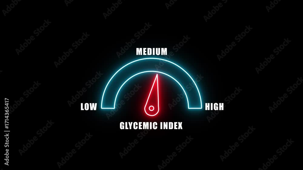 Neon glycemic index icon on speedometer. High glycemic index meter ...