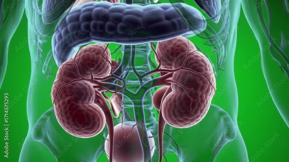 Detailed 3D rendering of human internal organs, highlighting the kidney ...