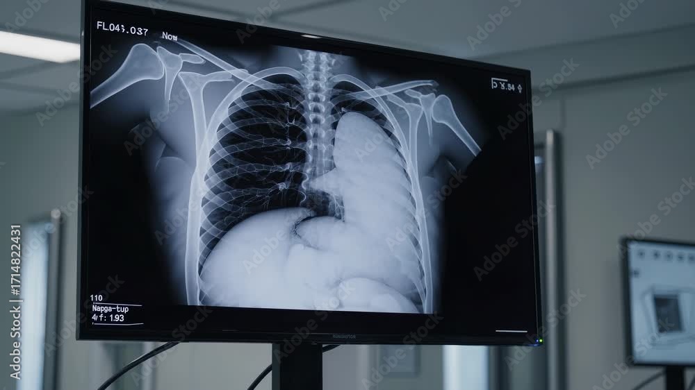 Vidéo Stock An x-ray is displayed on a monitor in a medical room where ...
