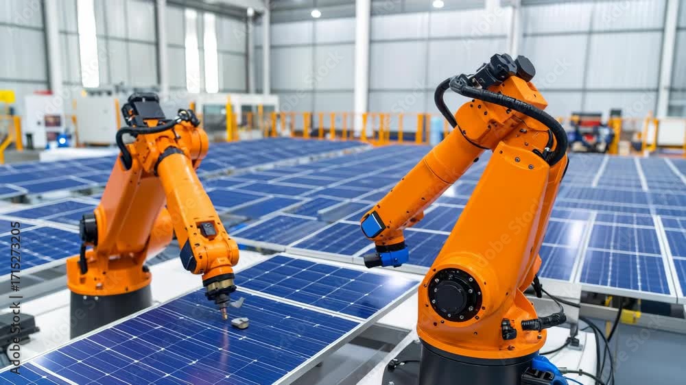 Automated assembly line with robotic arms installing photovoltaic solar ...