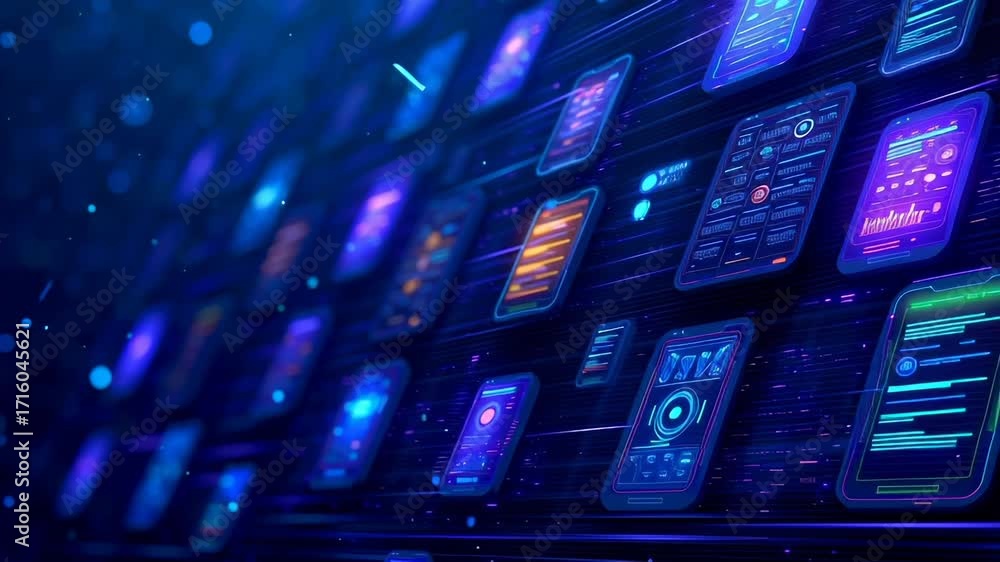 Multiple futuristic digital interface screens with data visualization ...