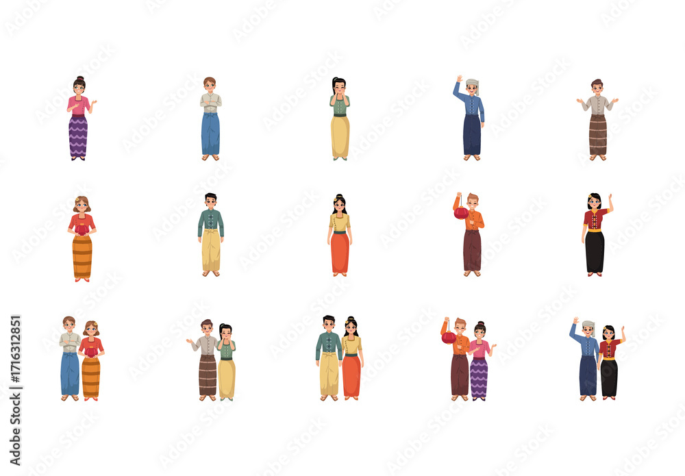 Colorful Myanmar People Culture Illustration Set Preview Stock Template ...