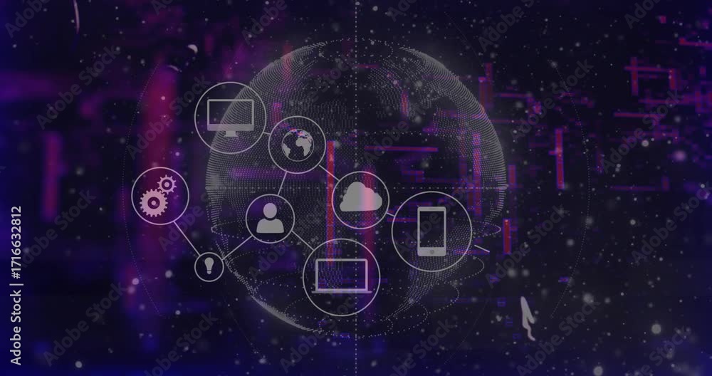 Rotating sphere pulsing fading cloud icon branching multiple icons ...