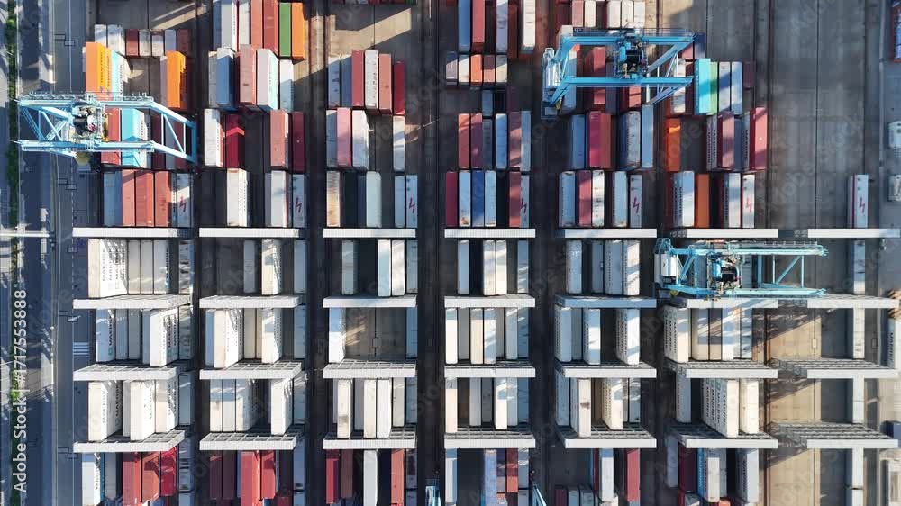Aerial view of shipping container port terminal. Colourful pattern of ...