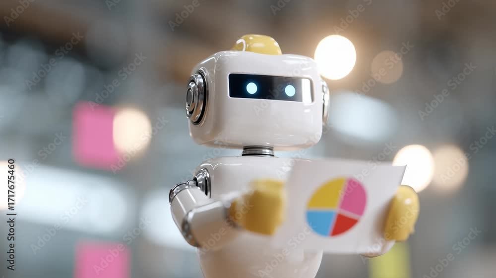 Humanoid robot holding colorful pie chart printout with glowing eyes ...