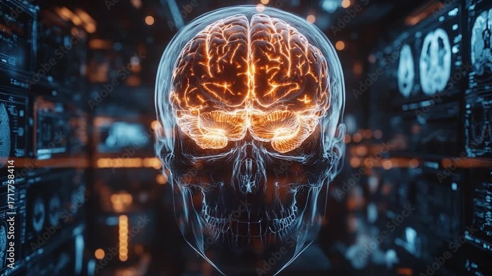 Brain in Focus: A luminescent brain, encased within a transparent skull ...