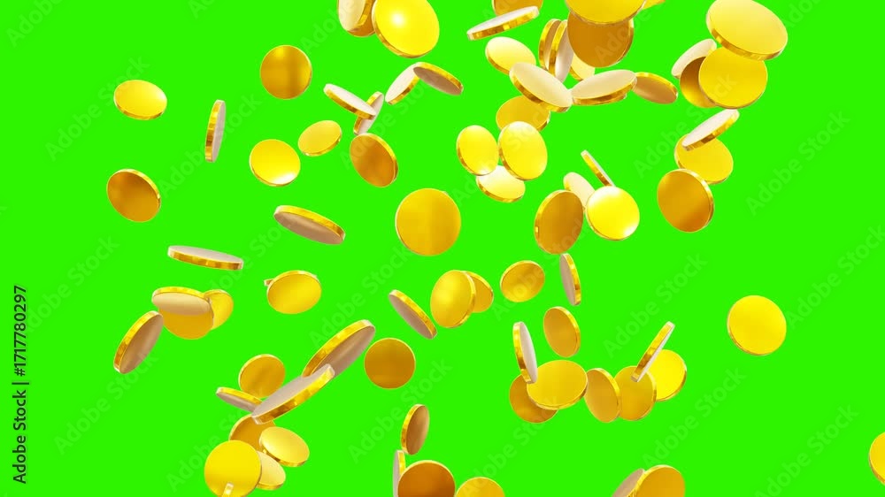Gold coins exploding isolated on green screen 3d, coin rain with alpha ...