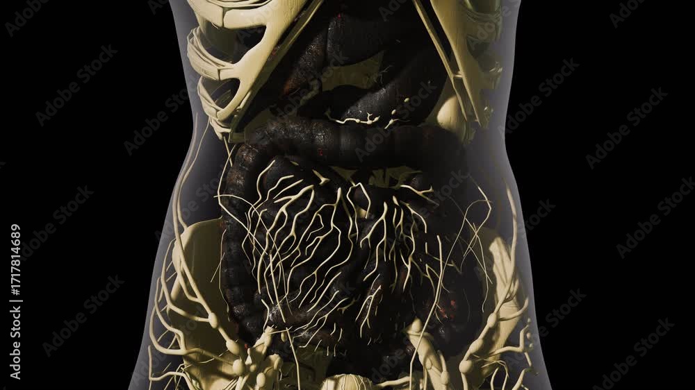 human anatomy scan, internal organs view, rib cage bones, digestive ...